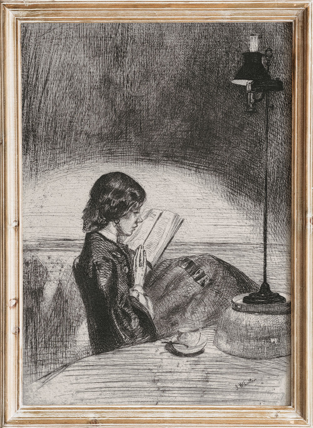 European Vintage Rustic Girl Reading by Lamplight Portrait Wall Art ...